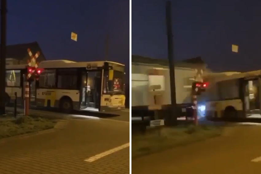 Beelden tonen hoe bus van De Lijn geramd wordt door trein terwijl ...