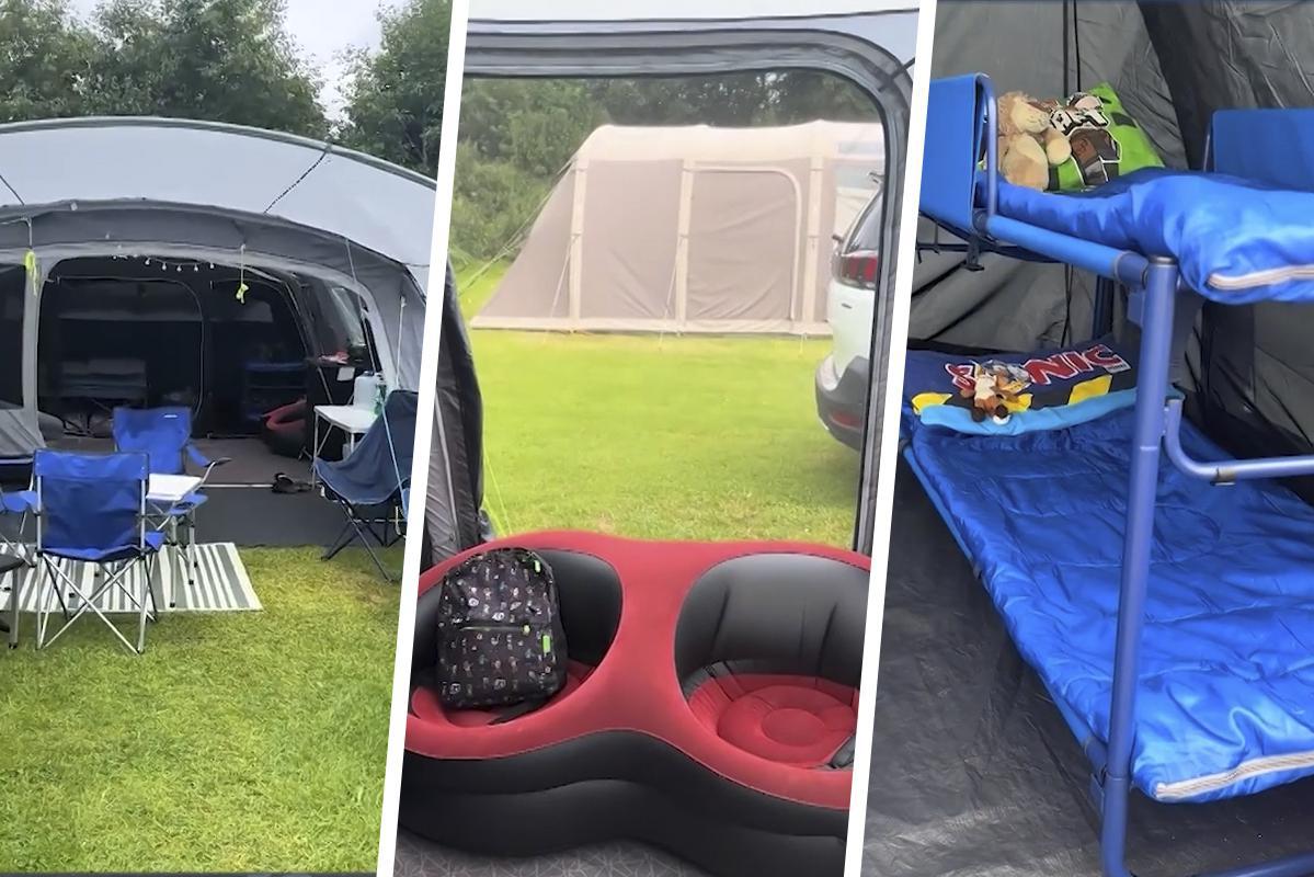 Leefruimte met zetels, handige keuken en stapelbedden voor de kinderen ...