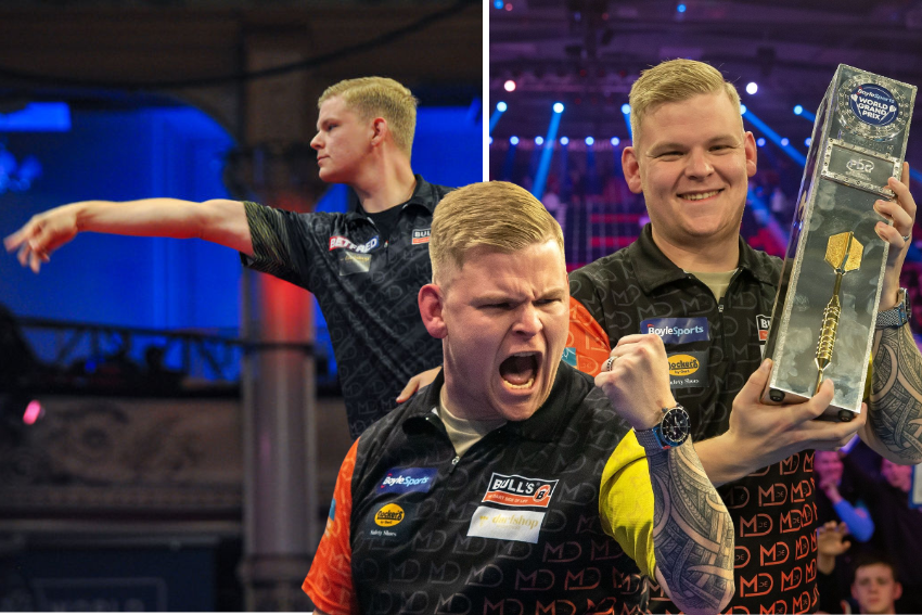 Mike De Decker gooit zich pijlsnel naar de top van het darts, maar ...