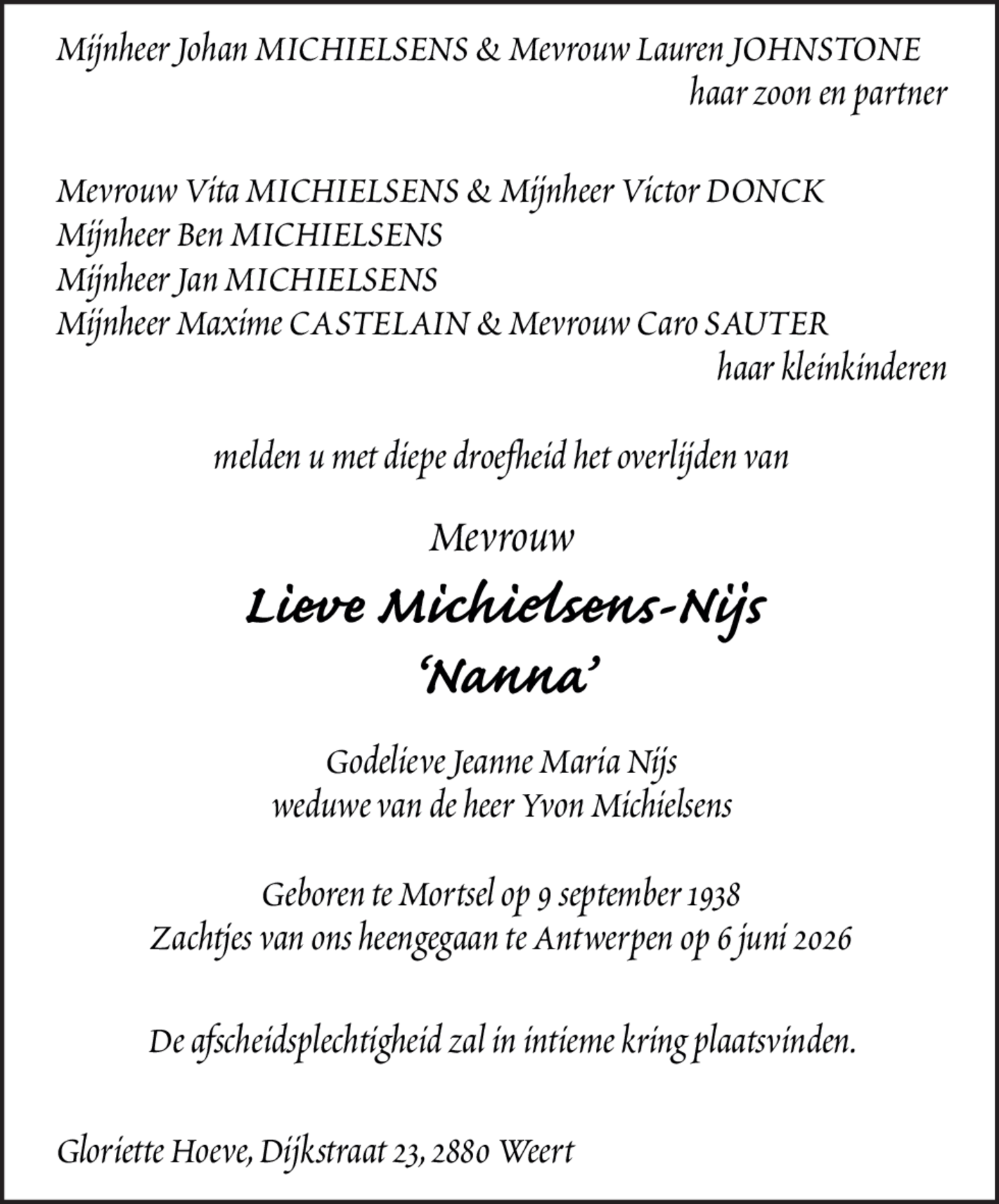 Lieve Michielsens-Nijs, 87 jaar | GVA